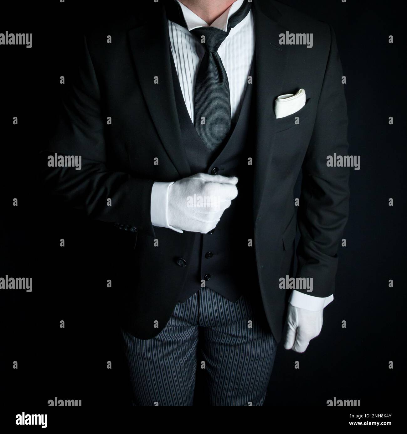 Portrait of Butler or Hotel Concierge in Formal Dark Suit and White ...