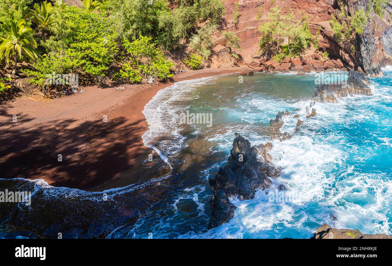 Red Sand And Blue Waves of Kaihalulu Beach, Hana, Maui, Hawaii, USA ...