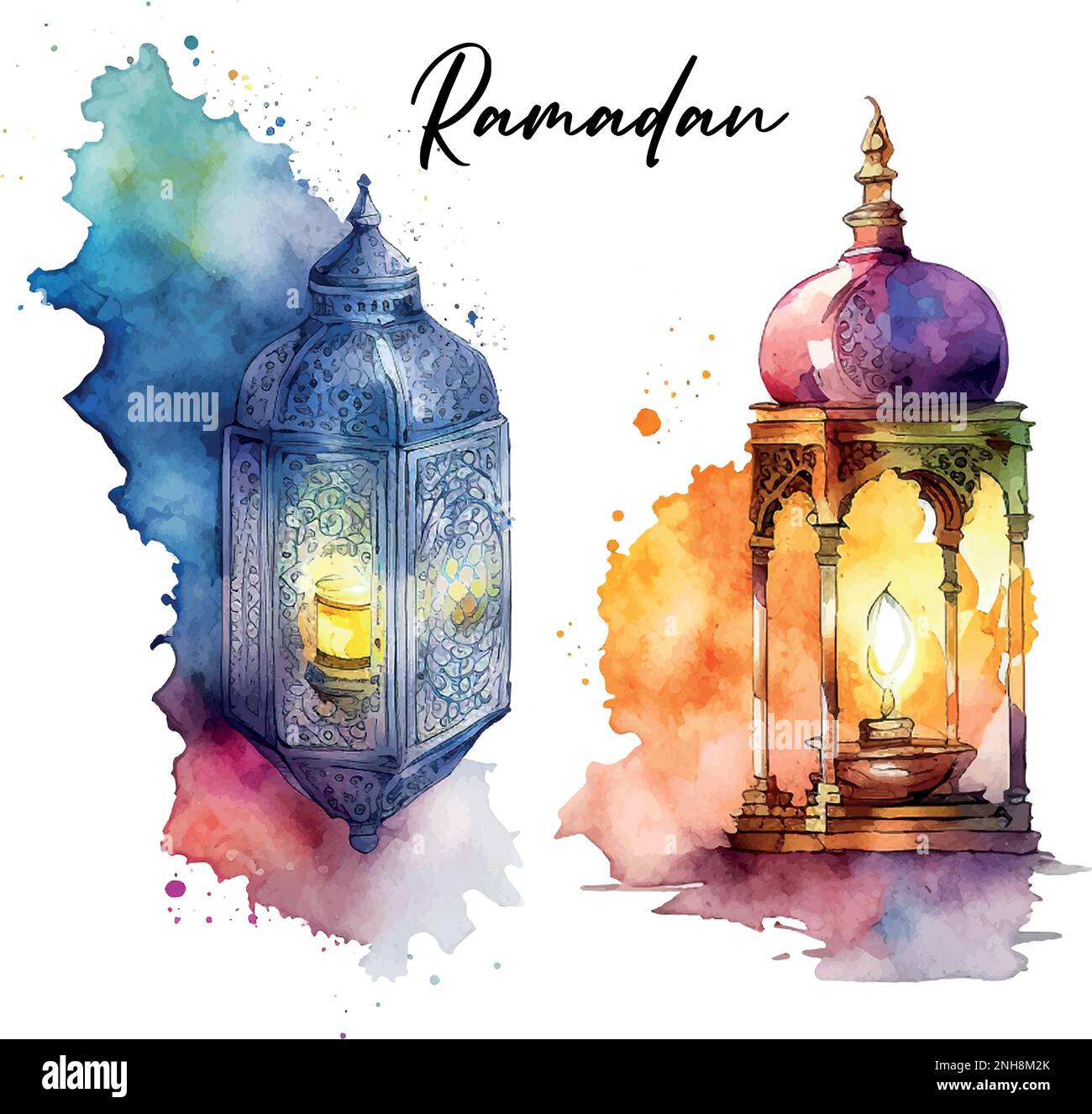 islamic lantern watercolor illustration with golden metal material ...