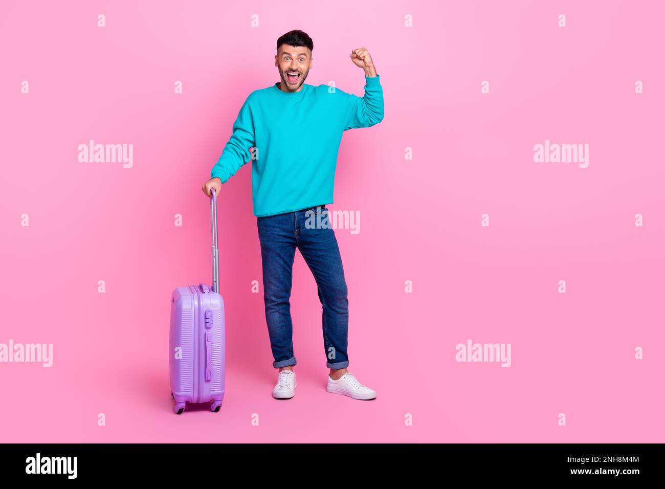 Full body size photo of young crazy guy wear blue stylish jumper raise ...
