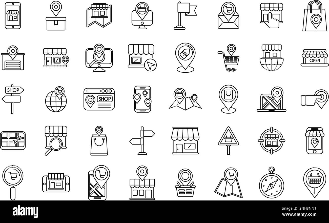Store locator icons set outline vector. Office travel. Area map Stock ...