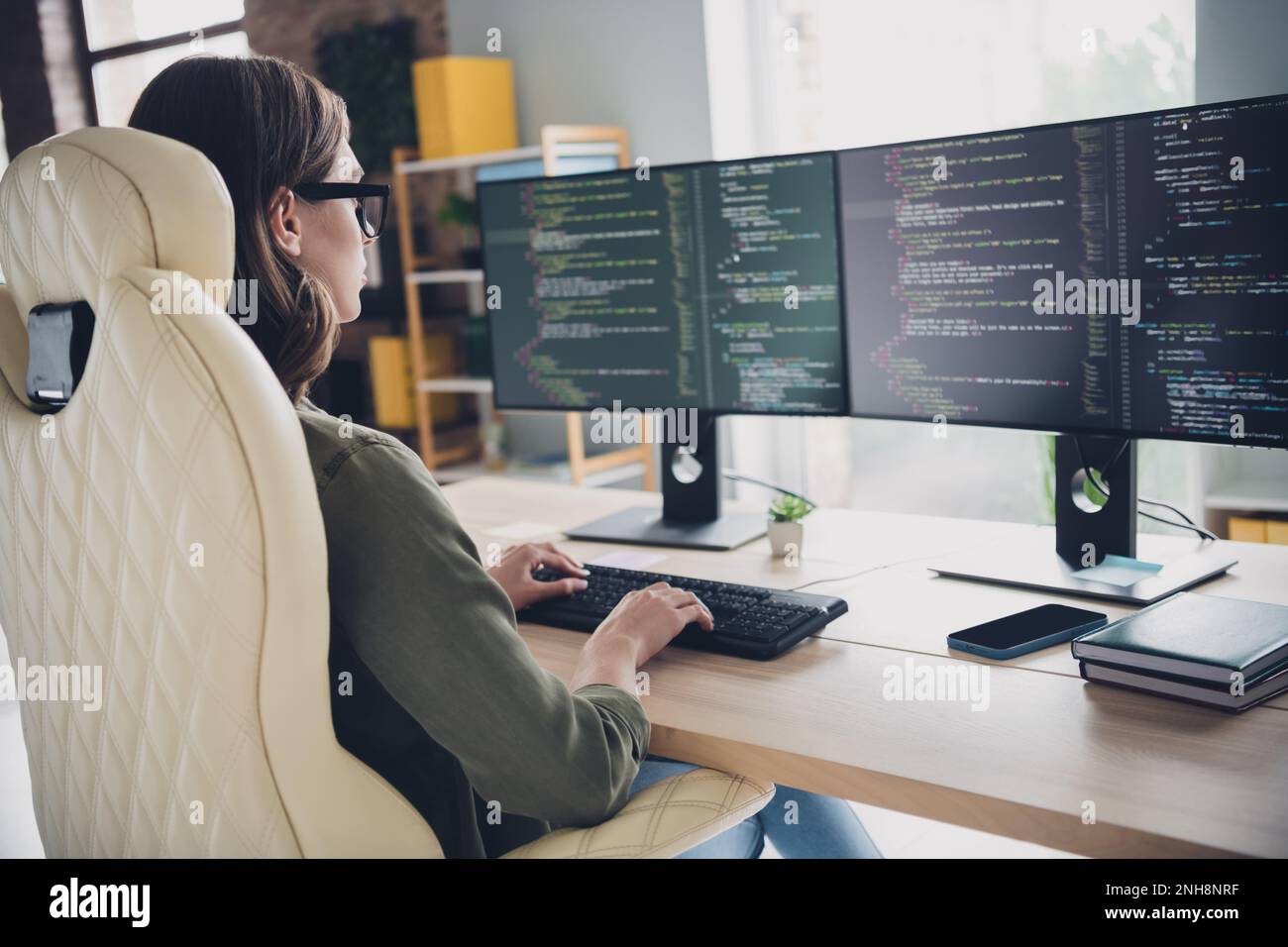 Photo of serious cool lady system admin wear eyeglasses checking ...