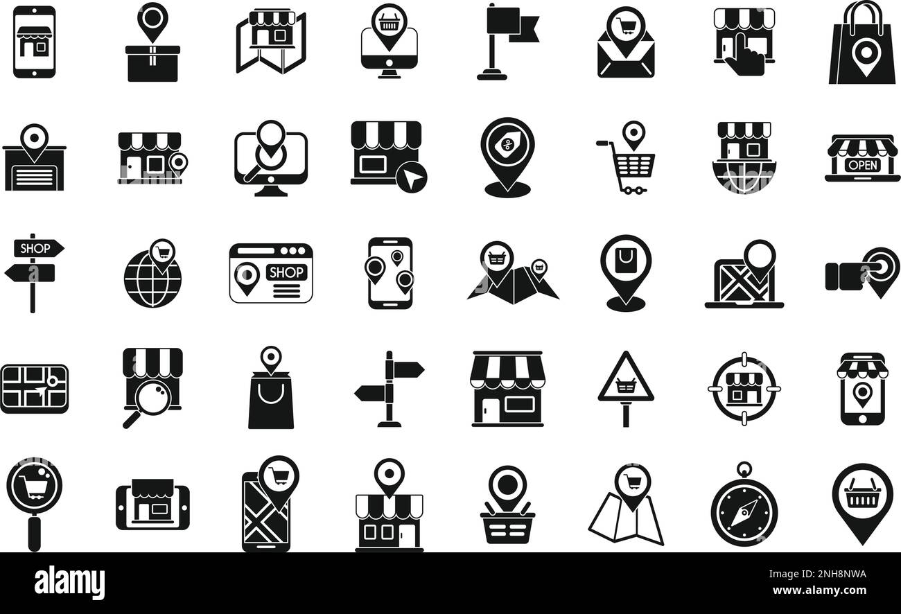 Store locator icons set simple vector. Office travel. Area map Stock ...