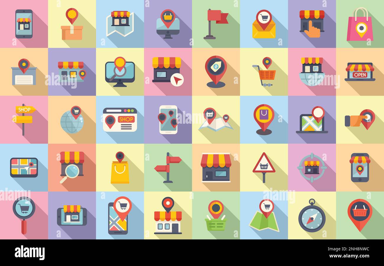 Store locator icons set flat vector. Office travel. Area map Stock ...