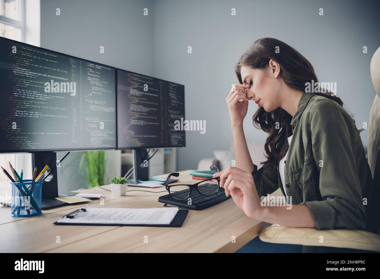 Profile side photo of upset sad lady hardware expert has work problem ...