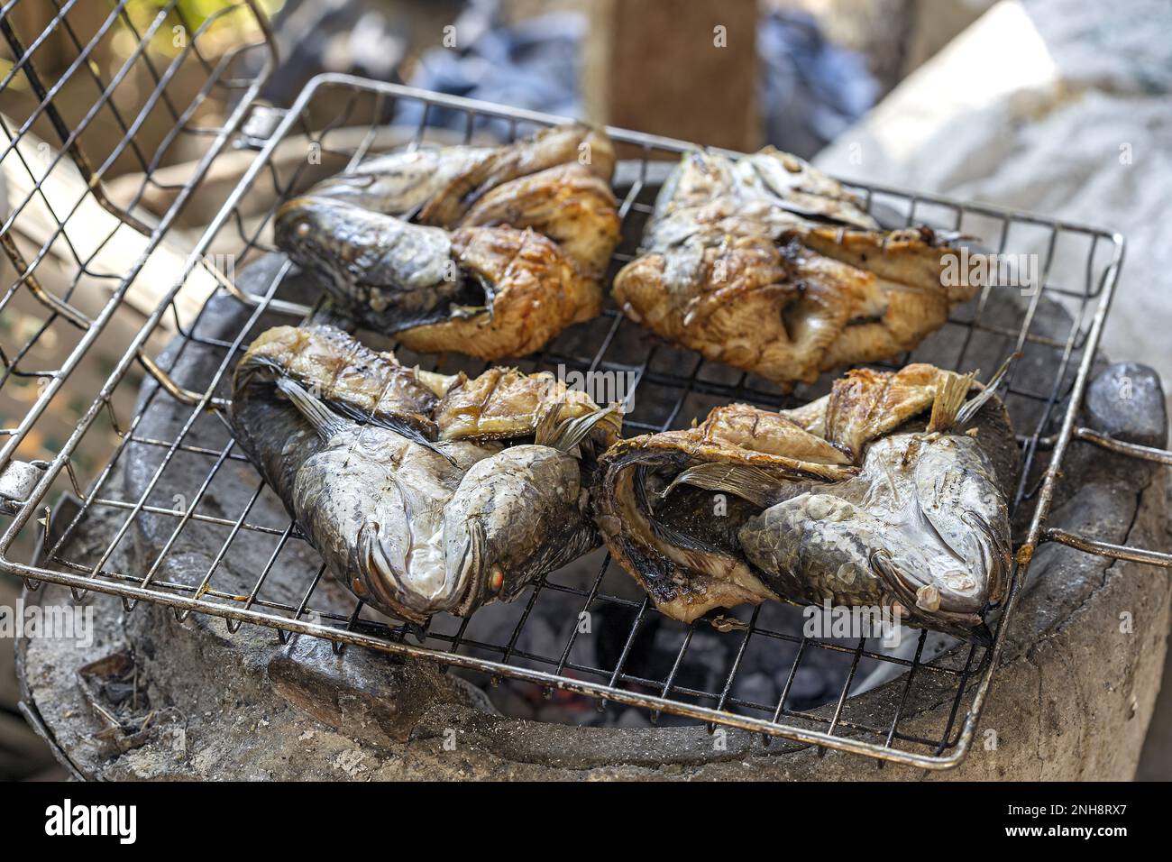 Snakehead fish is grilled over charcoal, a ready to eat food or a ...