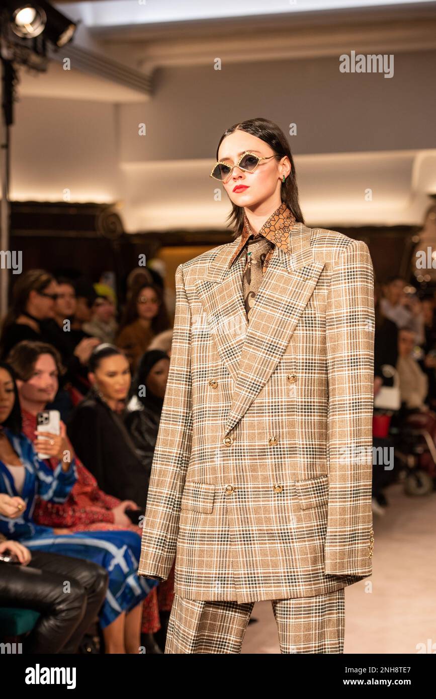 A model walks at the Helen Anthony London Fashion Week AW23 Runway Show ...