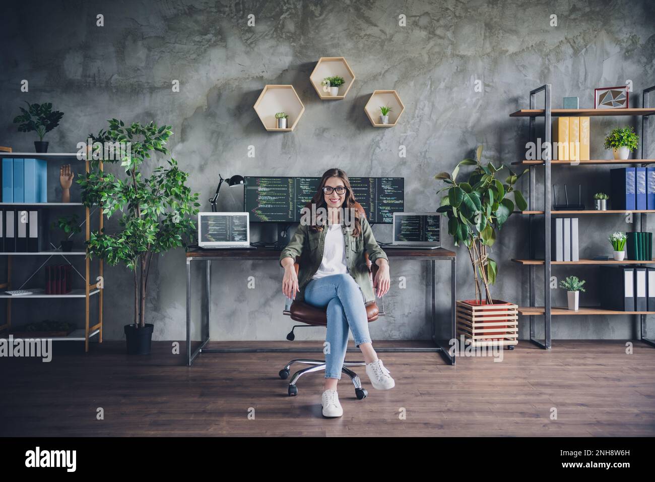 Photo of cheerful happy lady system admin wear eyeglasses writing ...