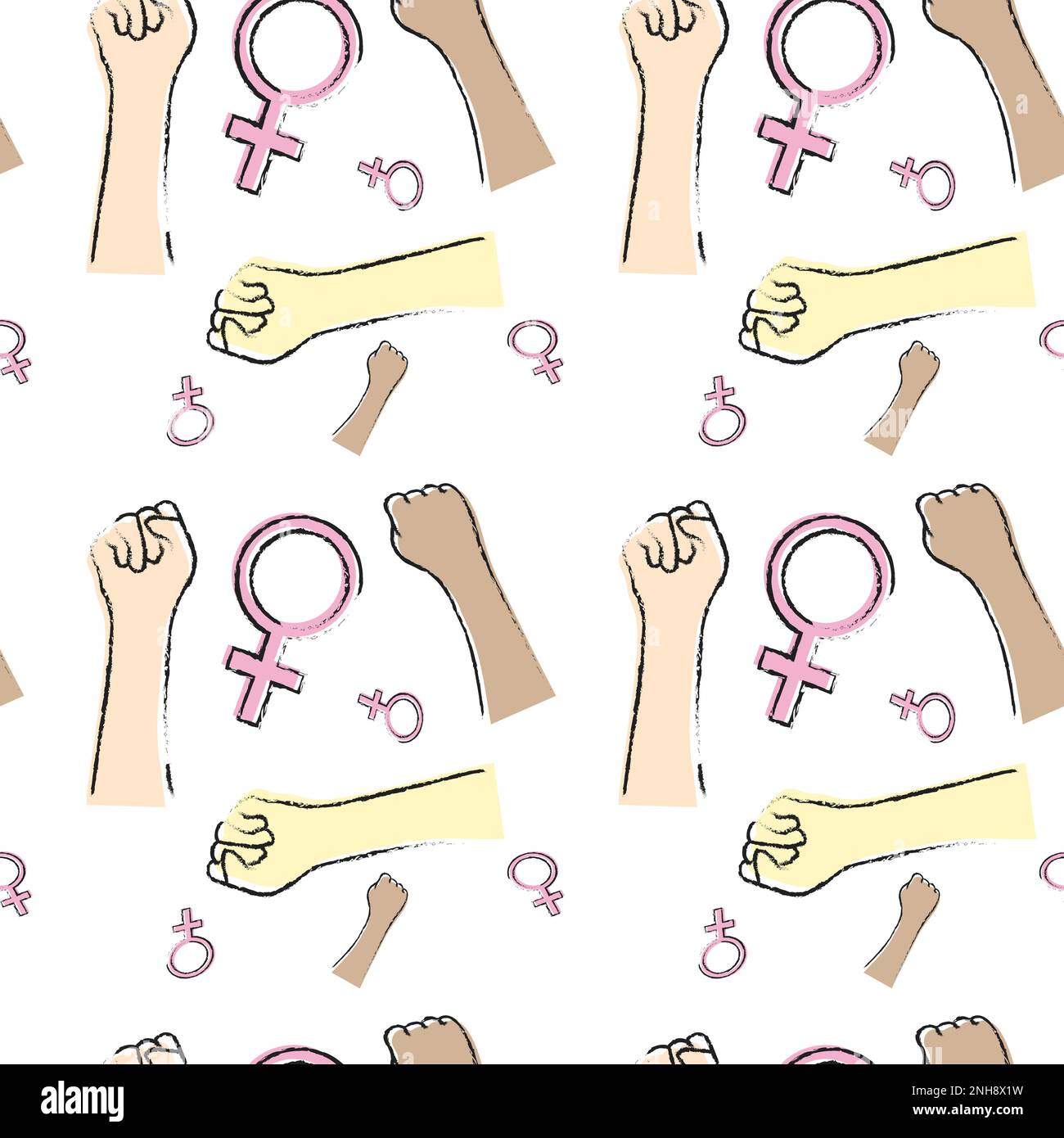 Seamless pattern with hands clenched into a fist, women of different ...