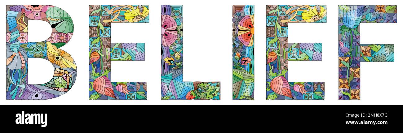 Hand-painted art design. Hand drawn illustration word BELIEF for t ...