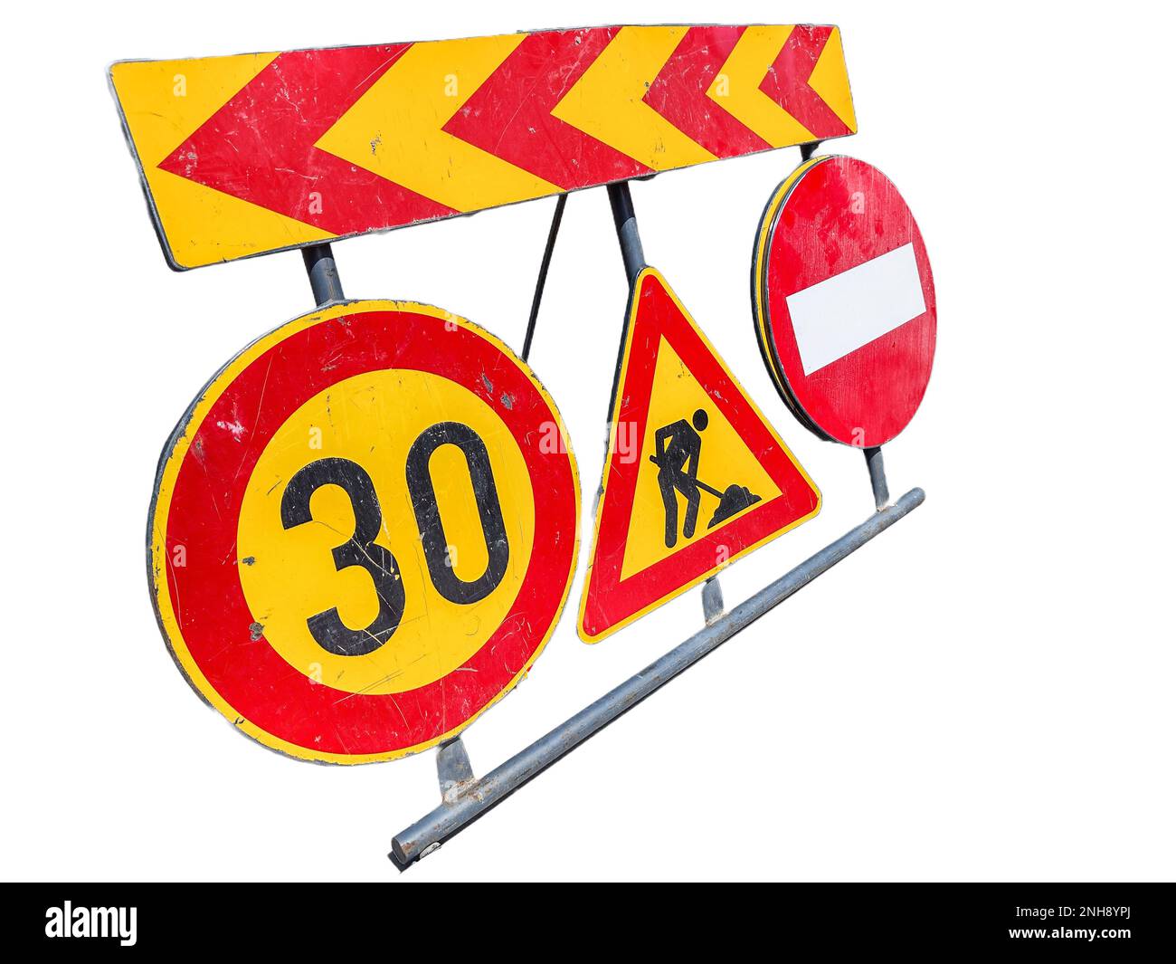 group of traffic signs - speed limit of 30 km, road under construction ...