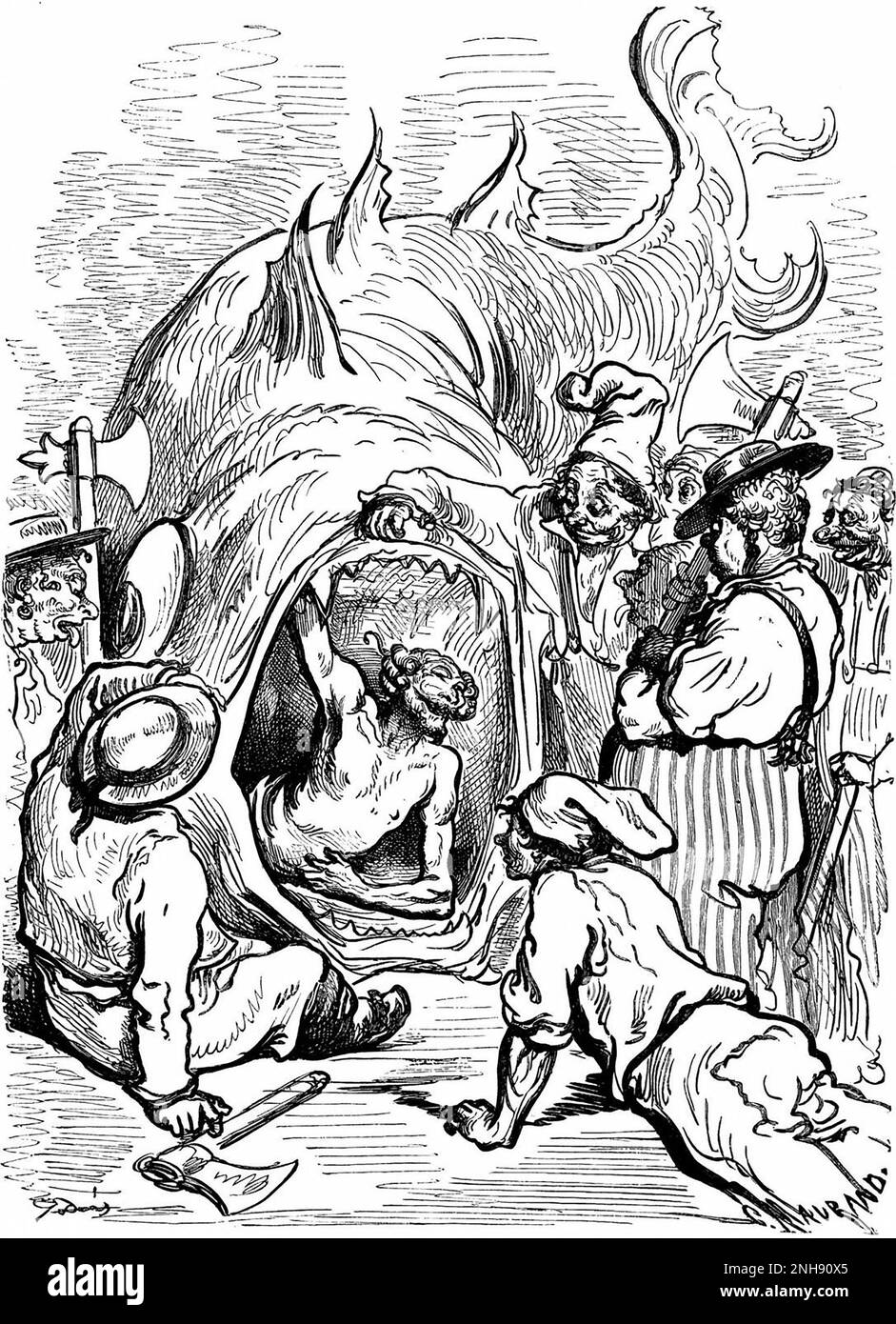 Baron Meonchhausen retrieved from the belly of a whale, illustration by ...