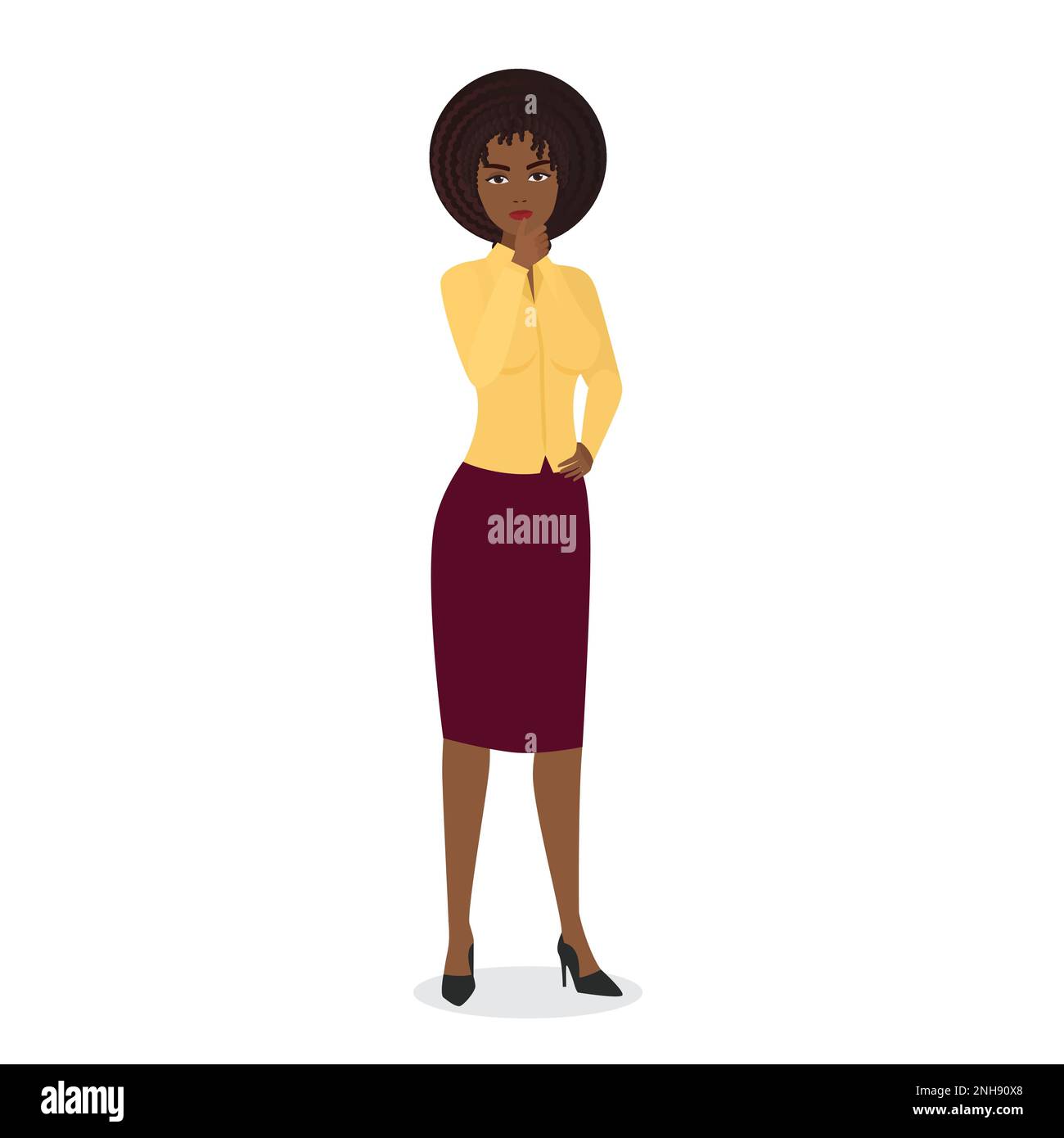 Confused black business woman. Female office manager in thinking pose ...