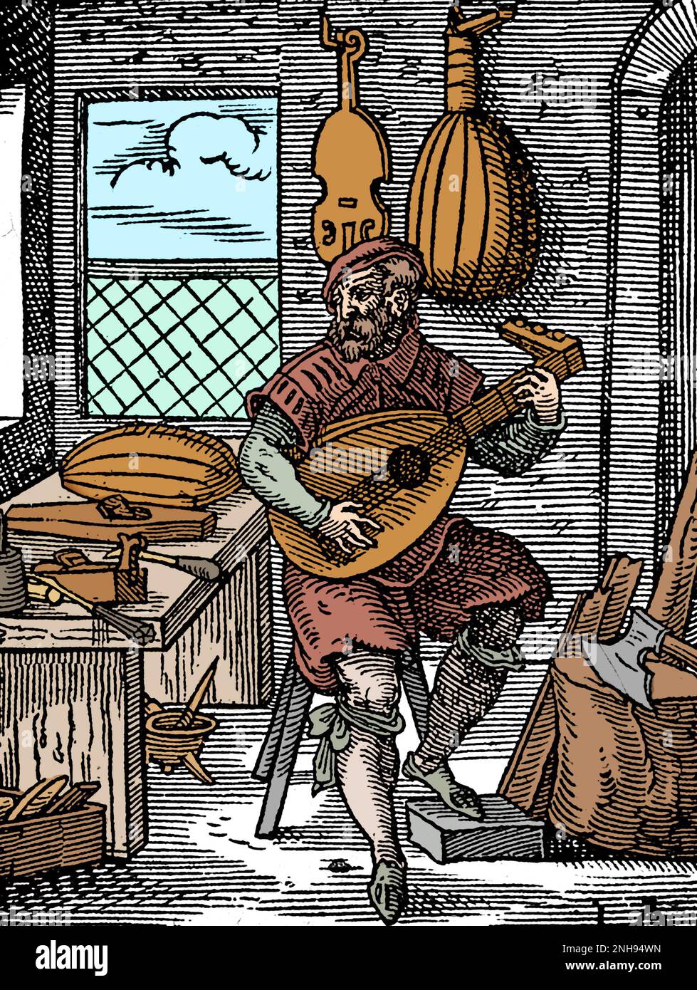 Woodcut of 16th-century luthier with a lute in his hands. Illustration ...