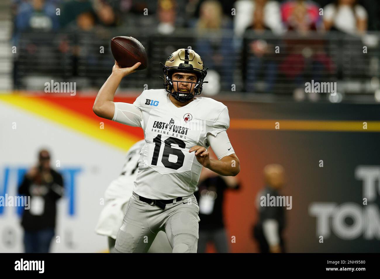 East quarterback Aidan O'Connell (16) of Purdue throws a pass during ...