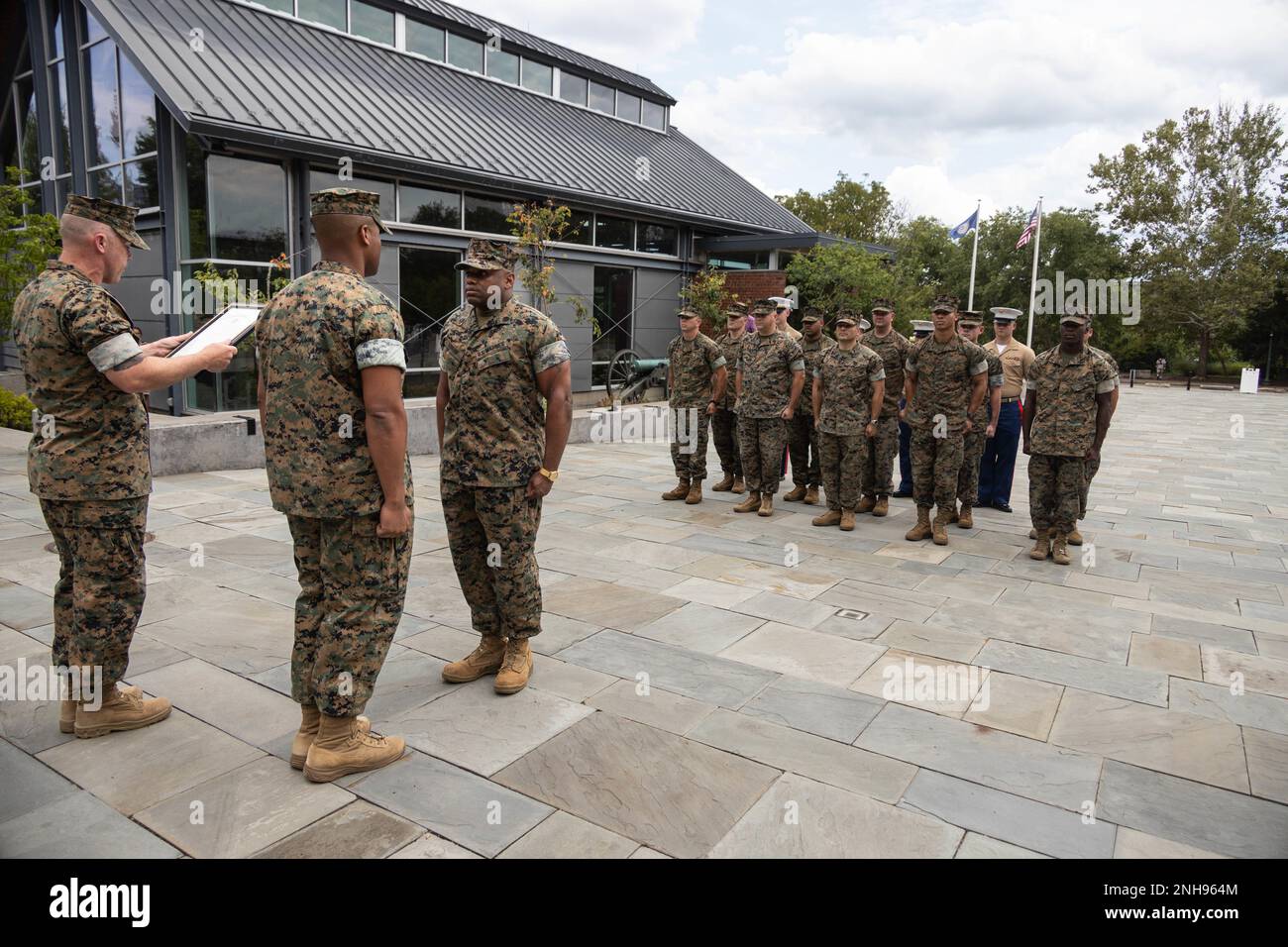 U.S. Marines with Recruiting Station Richmond, 4th Marine Corps District, stand in formation ...