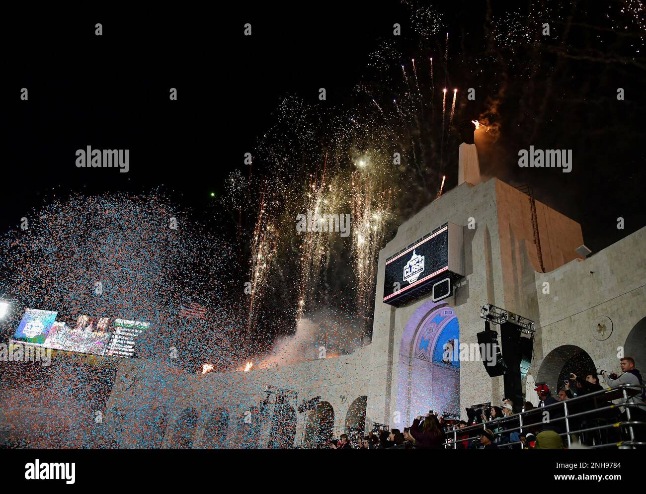 LOS ANGELES, CA - FEBRUARY 05: Fireworks and confetti fly at the end of ...