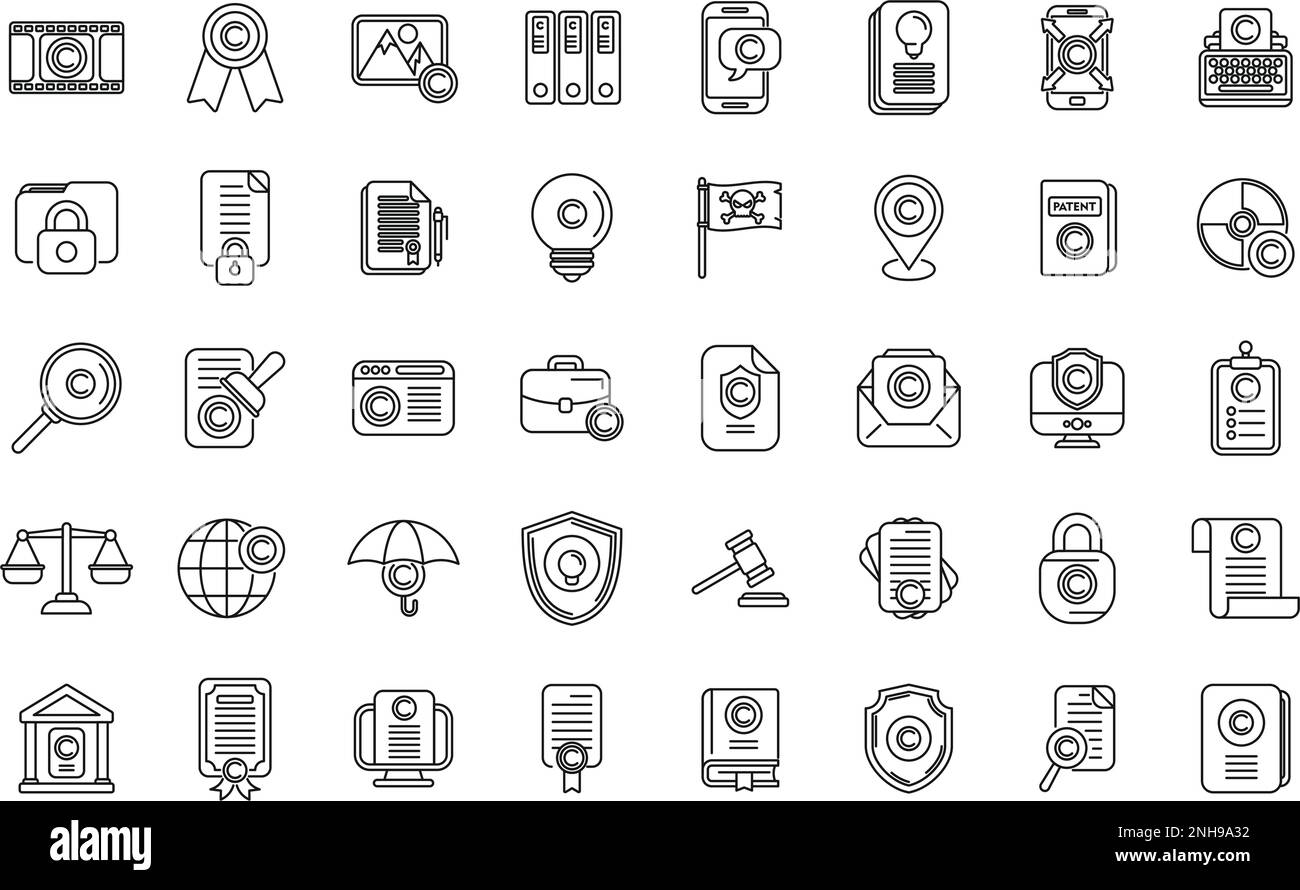 Copyright law icons set outline vector. Author contract. Property ...