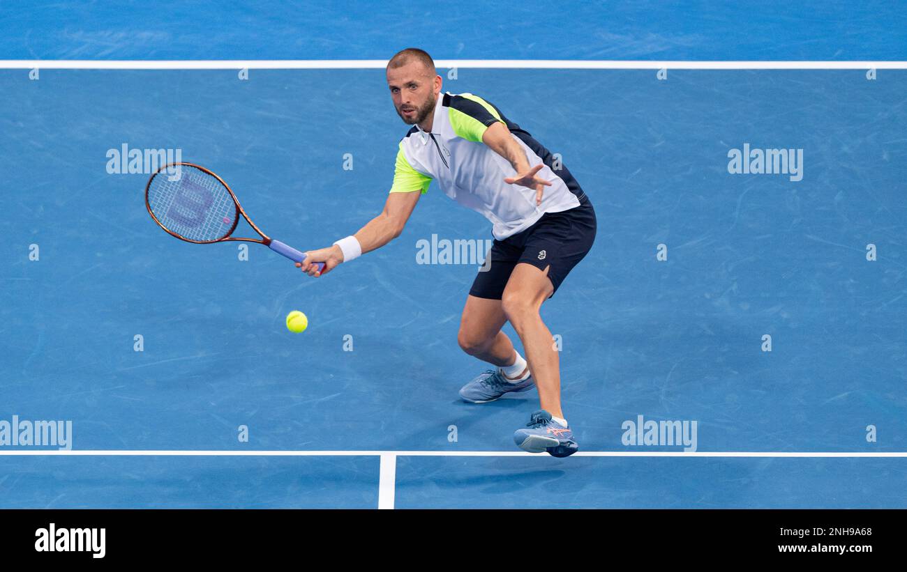 Doha, Qatar. 21st Feb, 2023. Emil Ruusuvuori of Finland vs Daniel Evans ...