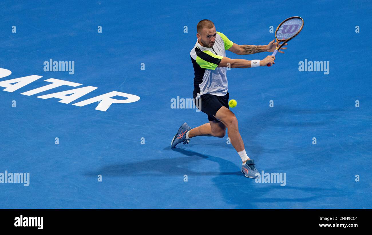 Doha, Qatar. 21st Feb, 2023. Emil Ruusuvuori of Finland vs Daniel Evans ...
