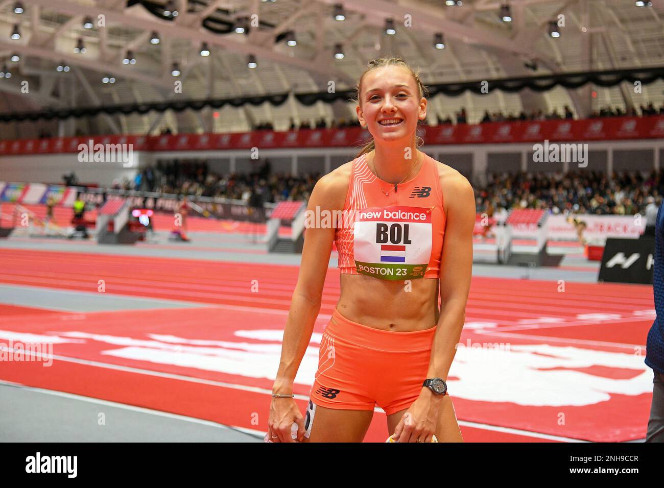 BOSTON, MA - FEBRUARY 04: Femke Bol of the Netherlands smiles for a ...