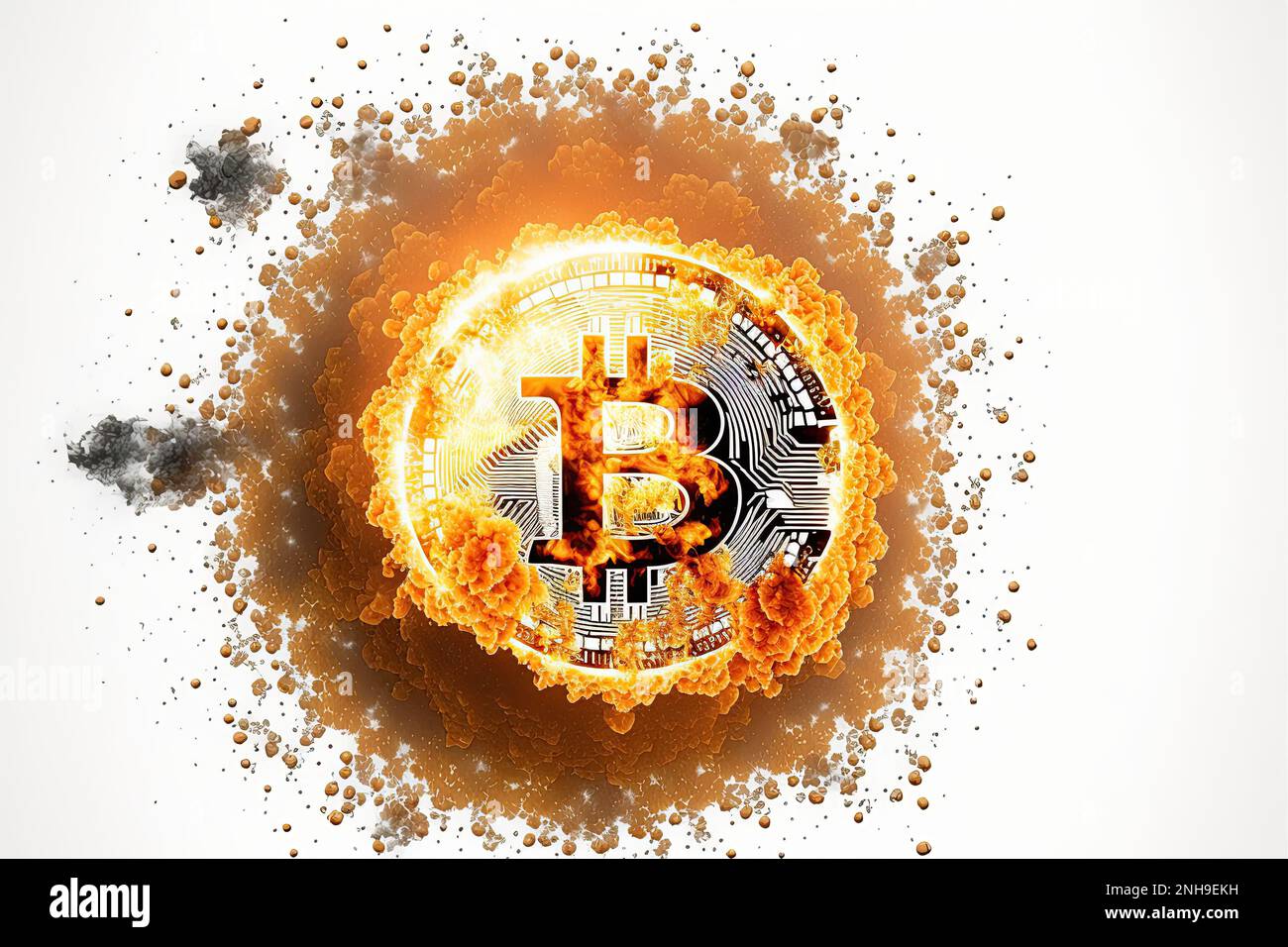blazing explosion of Bitcoin on a dark backdrop. It symbolizes the ...