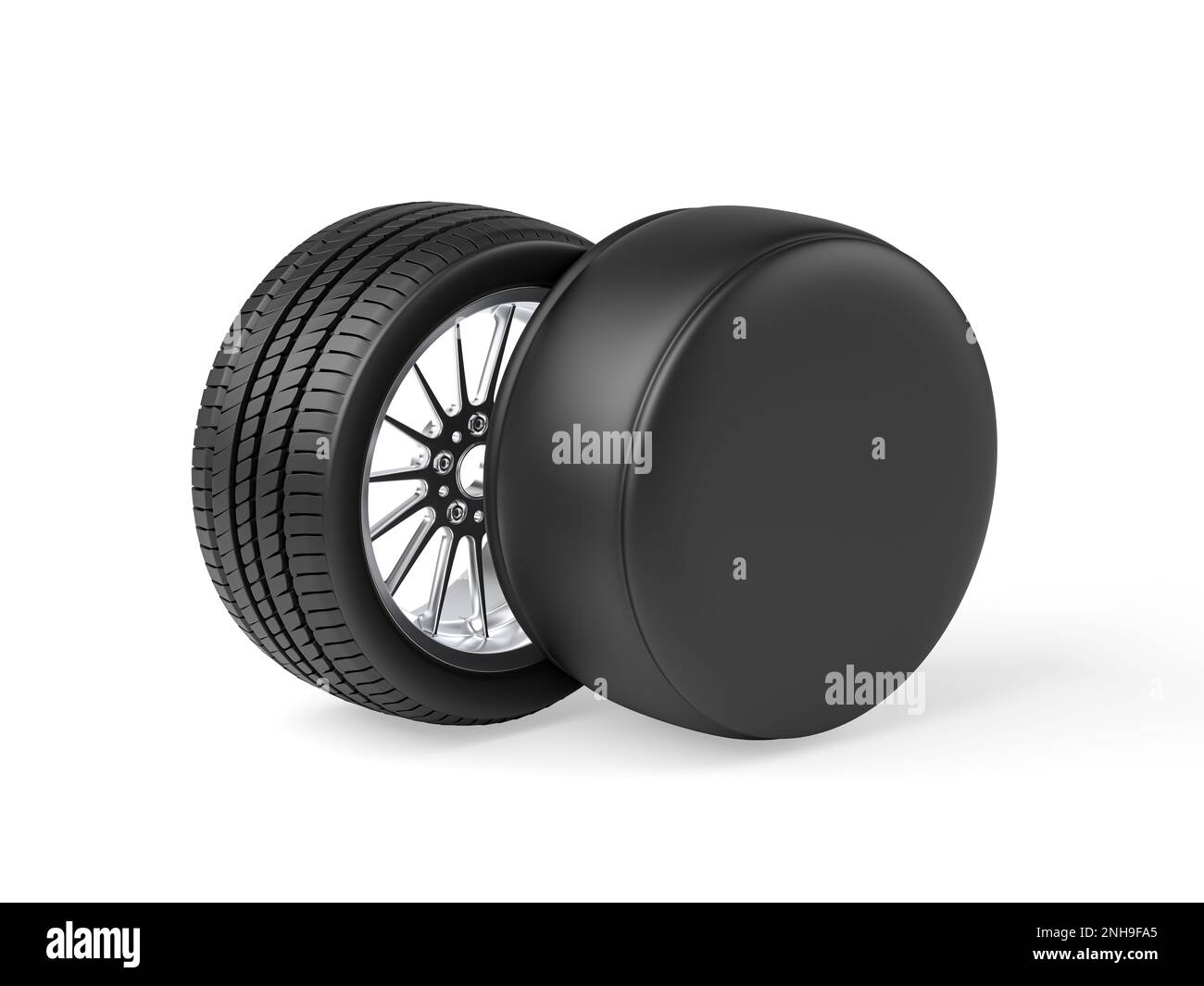 Car wheel and black wheel cover ta on white background. 3d render Stock ...