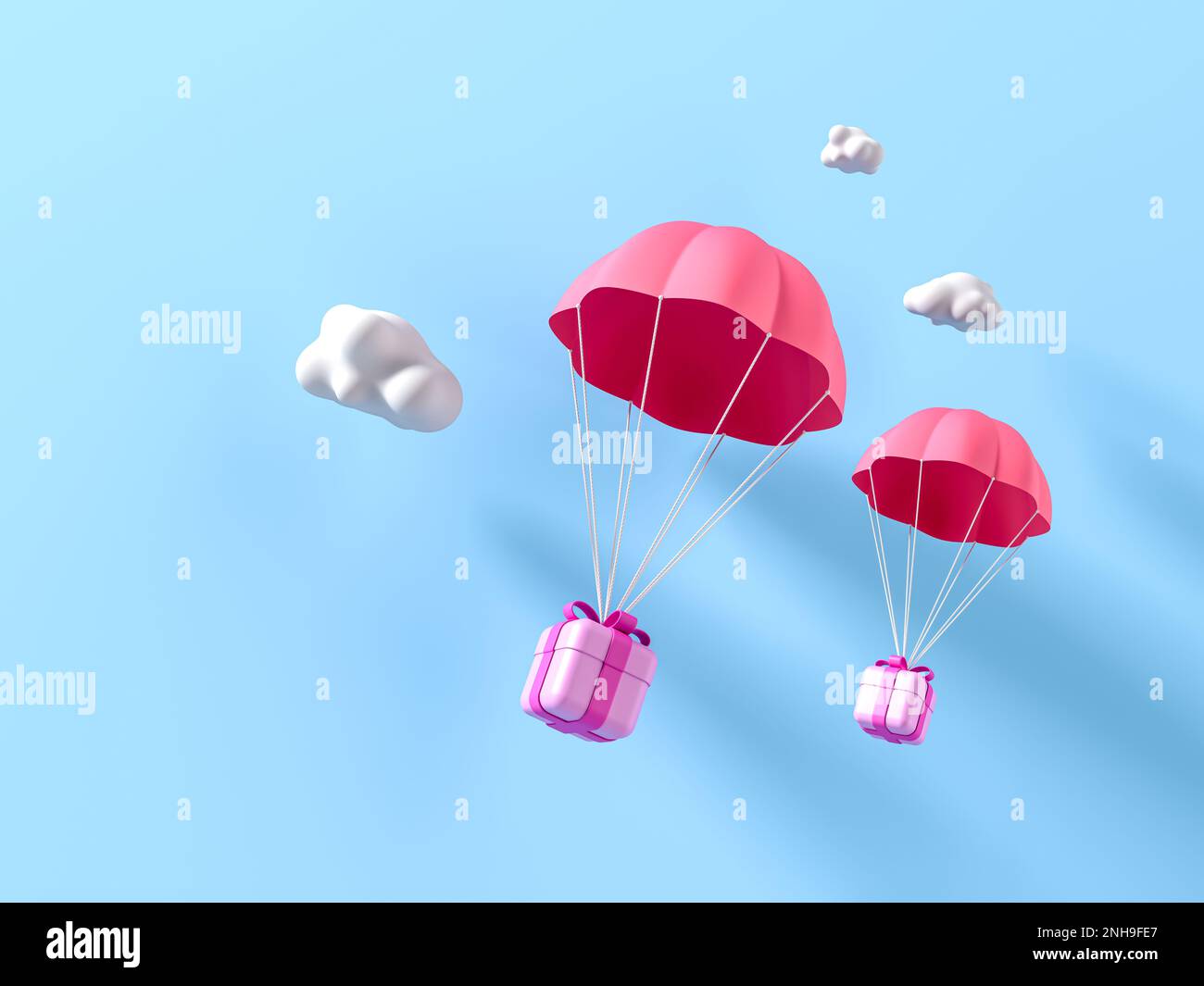 3D Red parachute carrying pink gift box flying through clouds. 3d ...