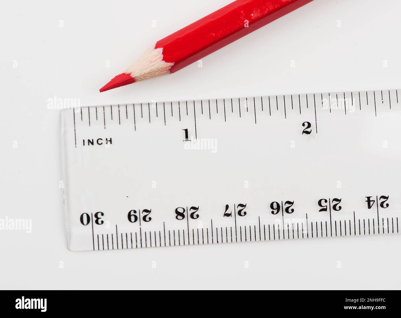 Transparent plastic ruler and red wooden pencil Stock Photo - Alamy