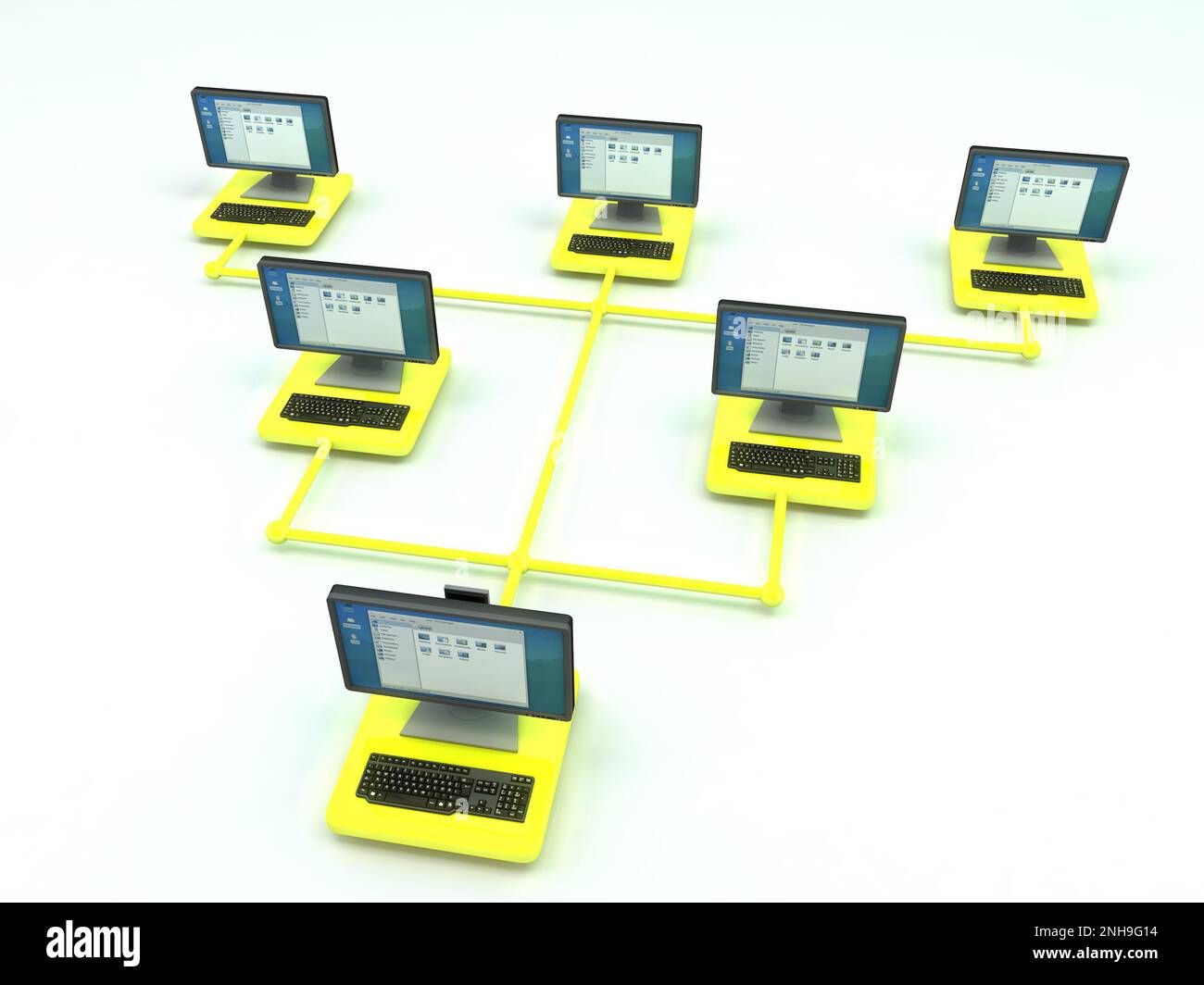 Six computers networked in yellow 3D render Stock Photo - Alamy