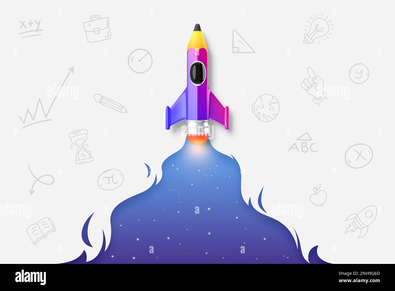 Paper art style of rocket pencil flying in space, start up doodles ...