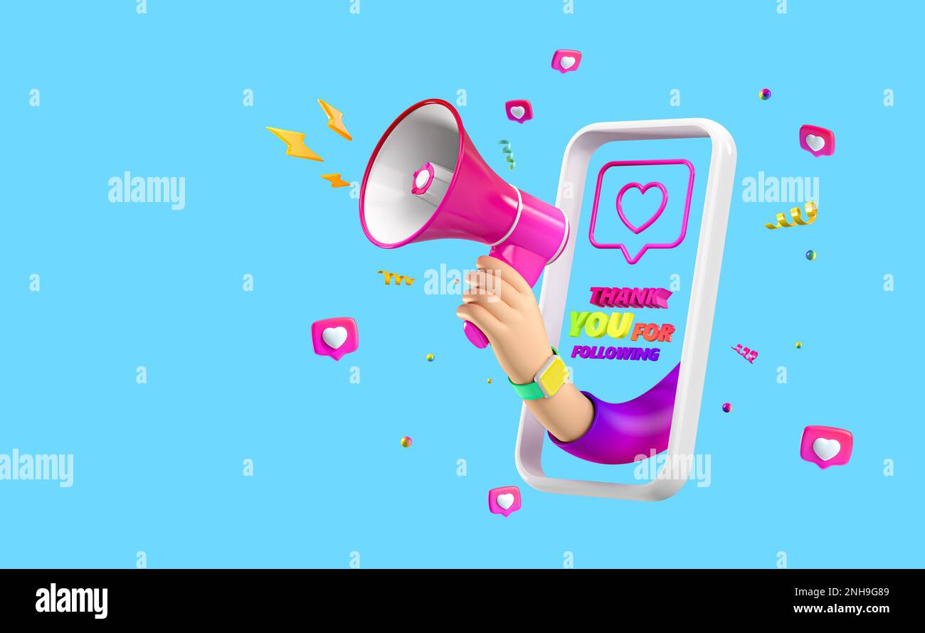 Post information alert from hand with megaphone or loudspeaker on a ...