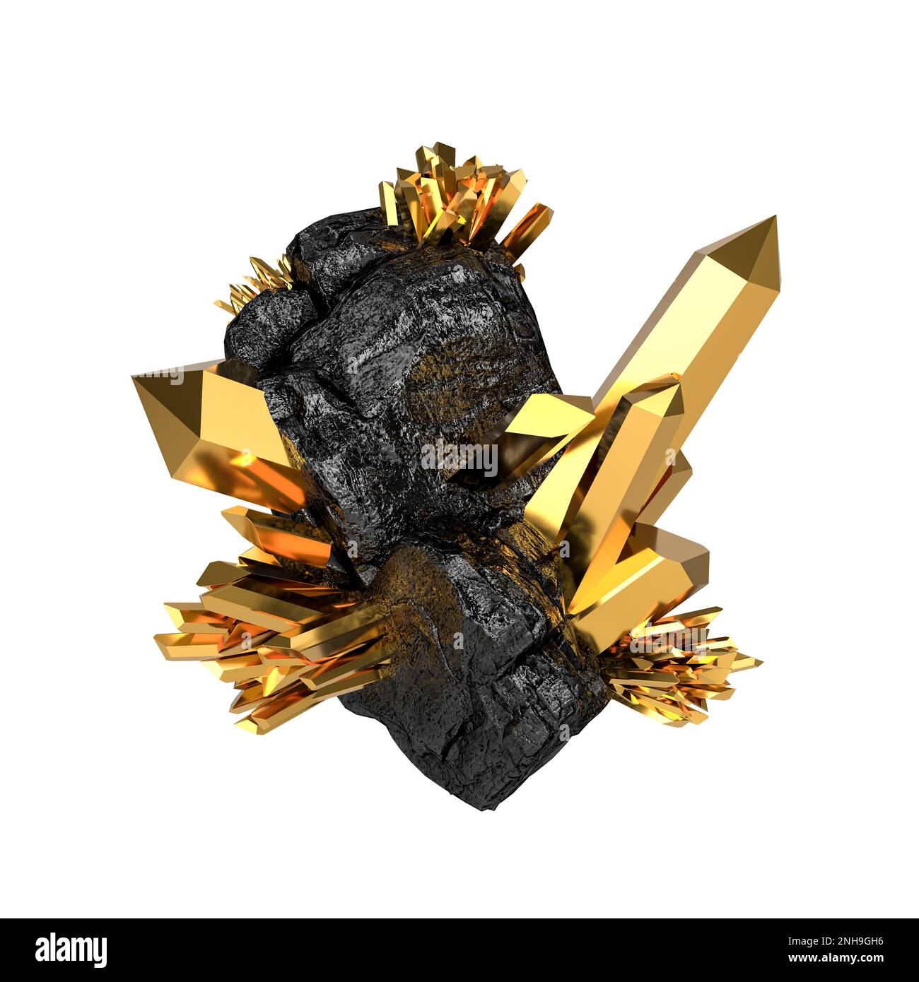 3d render, digital illustration, abstract gold crystals in coal ...