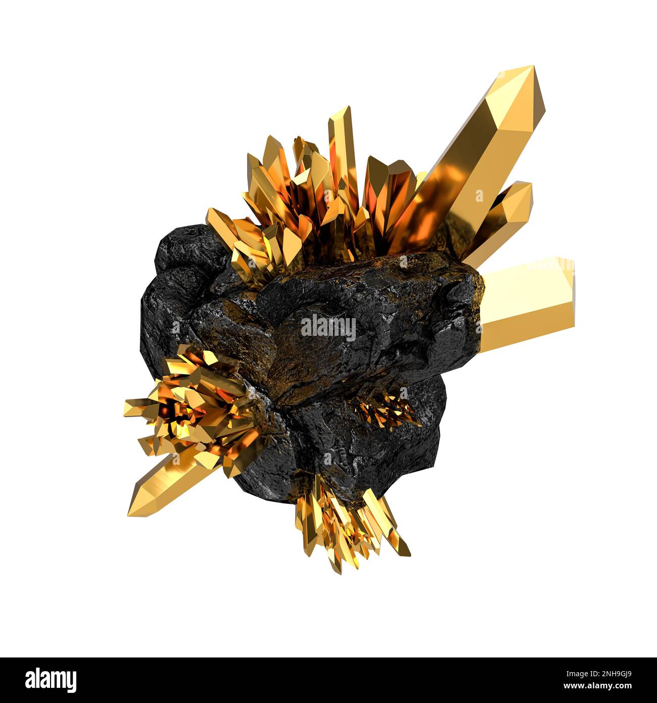 3d render, digital illustration, abstract gold crystals in coal ...