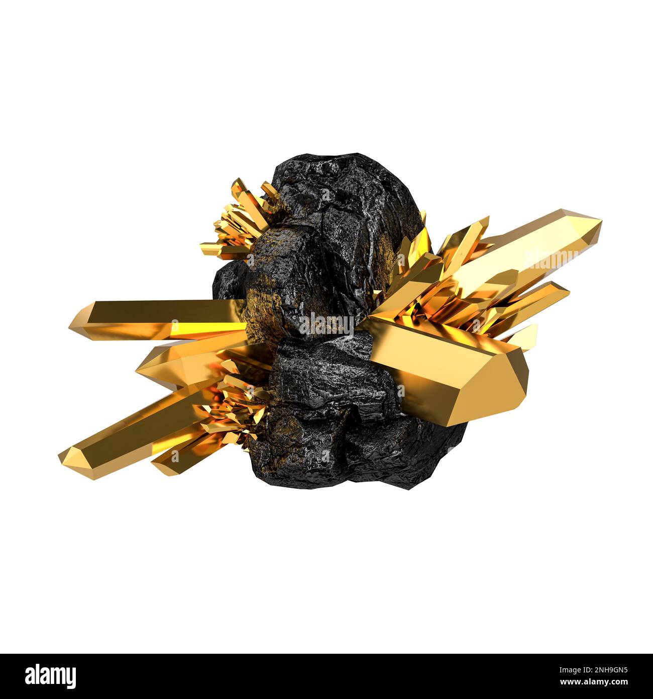 3d render, digital illustration, abstract gold crystals in coal ...