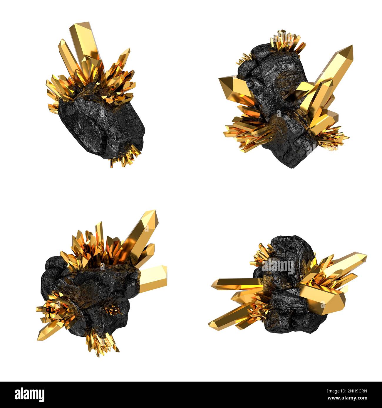 3d render, digital illustration, abstract set gold crystals in coal ...