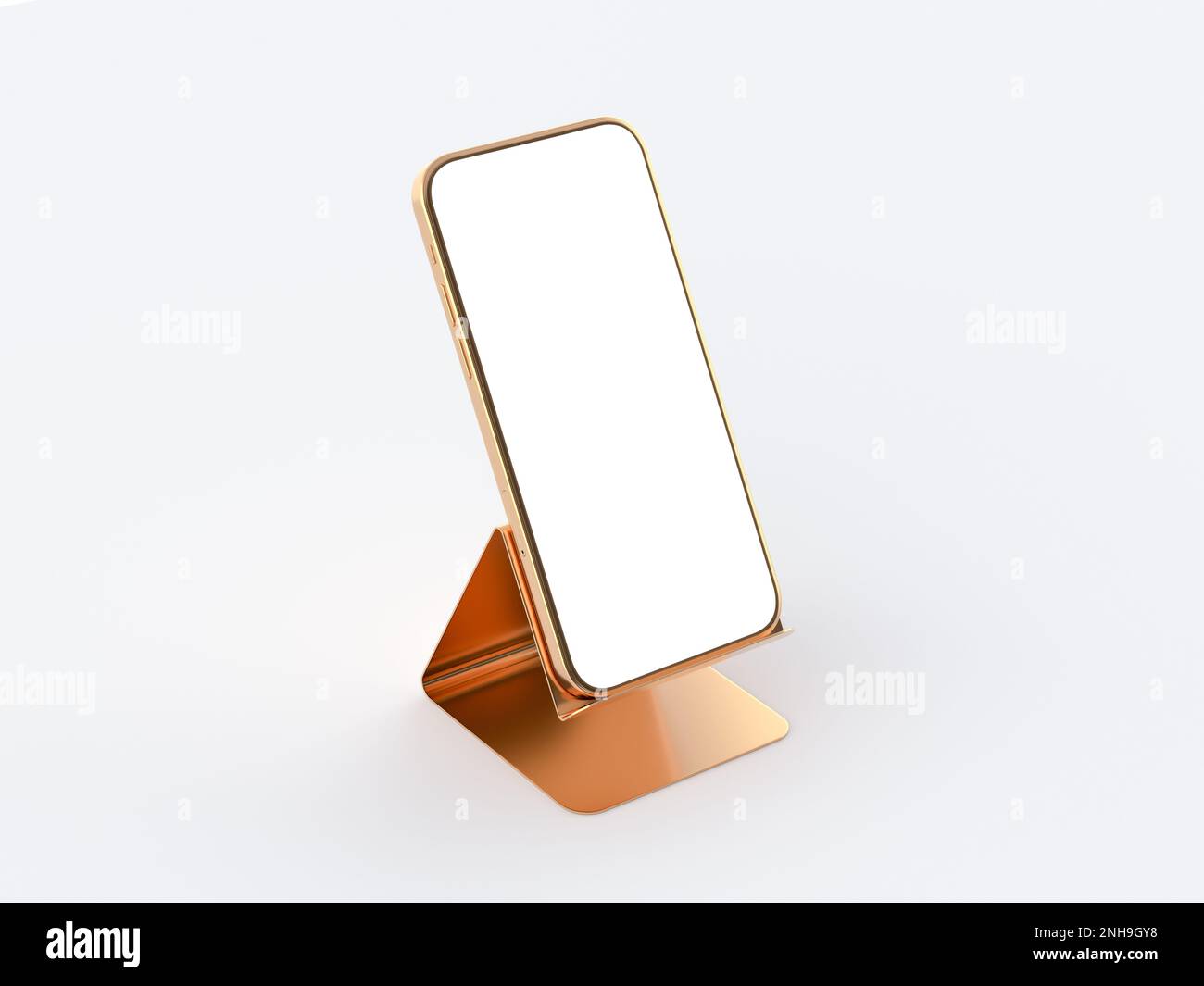 Golden Mobile phone with white screen on stand in front and angle view ...