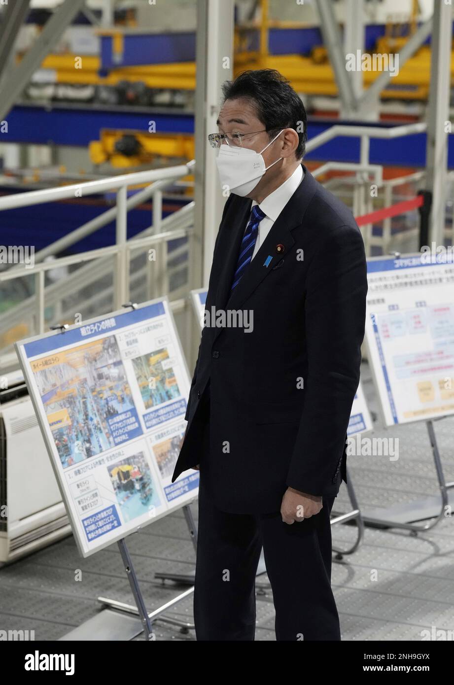 Japanese Prime Minister Fumio Kishida inspects a factory of Komatsu, a ...