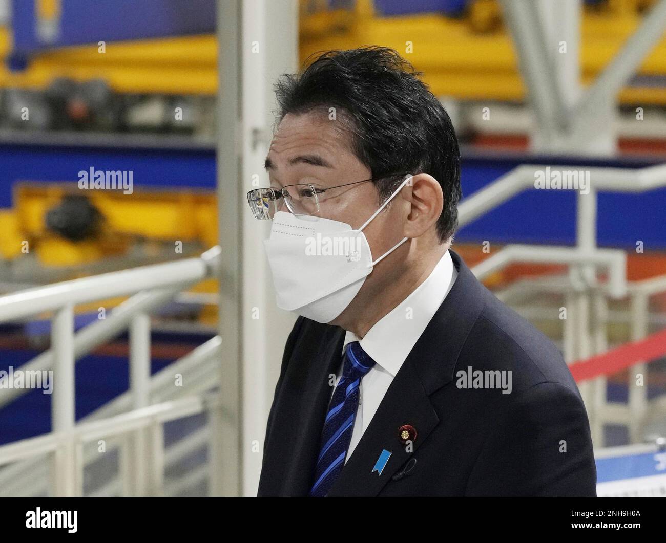 Japanese Prime Minister Fumio Kishida inspects a factory of Komatsu, a ...