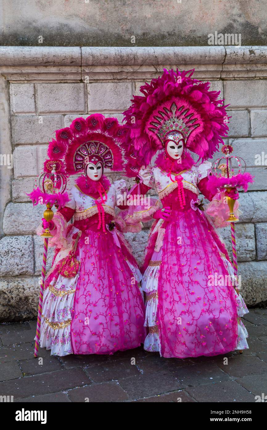 Carnival goers dressed in splendid pink dresses costumes and masks ...