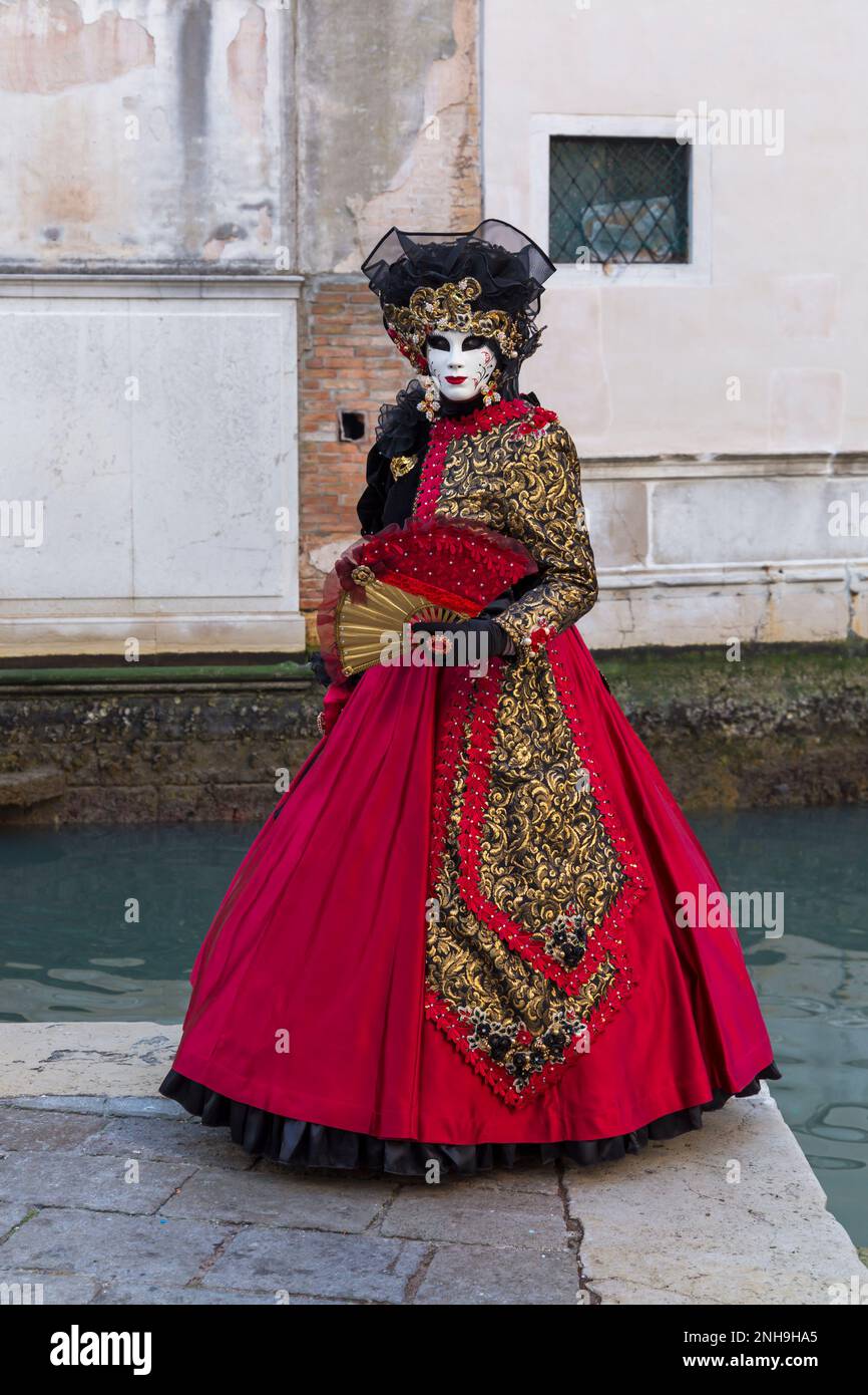 Carnival Goer Dressed In Splendid Red And Gold Coloured Dress Costume