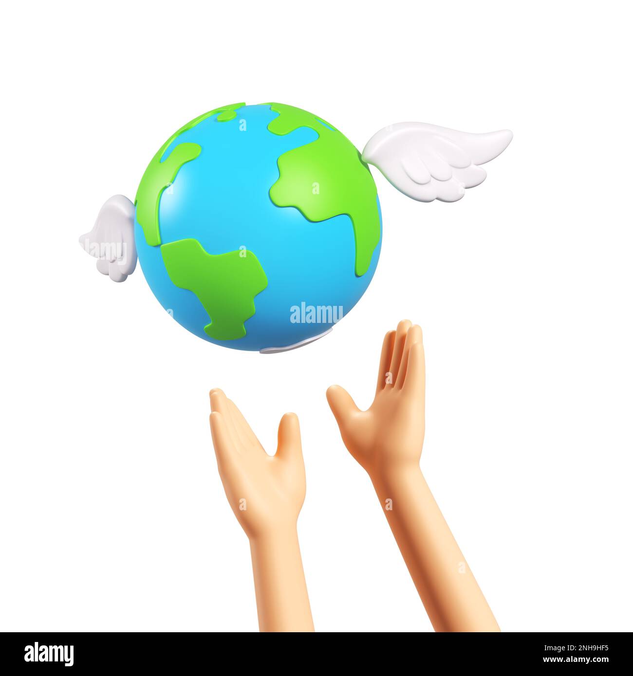 Sustain earth concept: Human hands holding global with wings over white ...