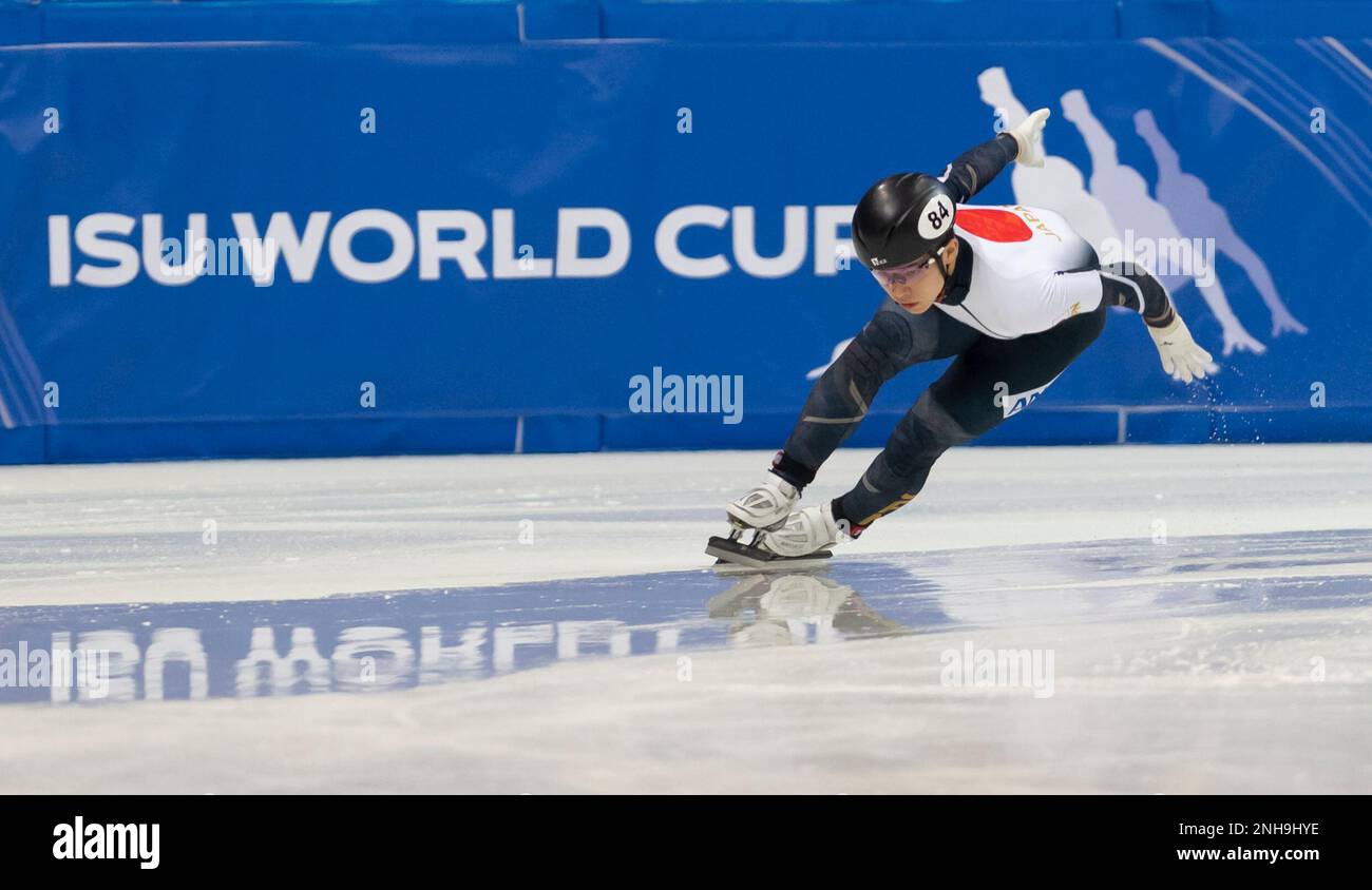 Shogo Miyata from Japan in action during the men's 500m preliminary heat Short track World Cup ...