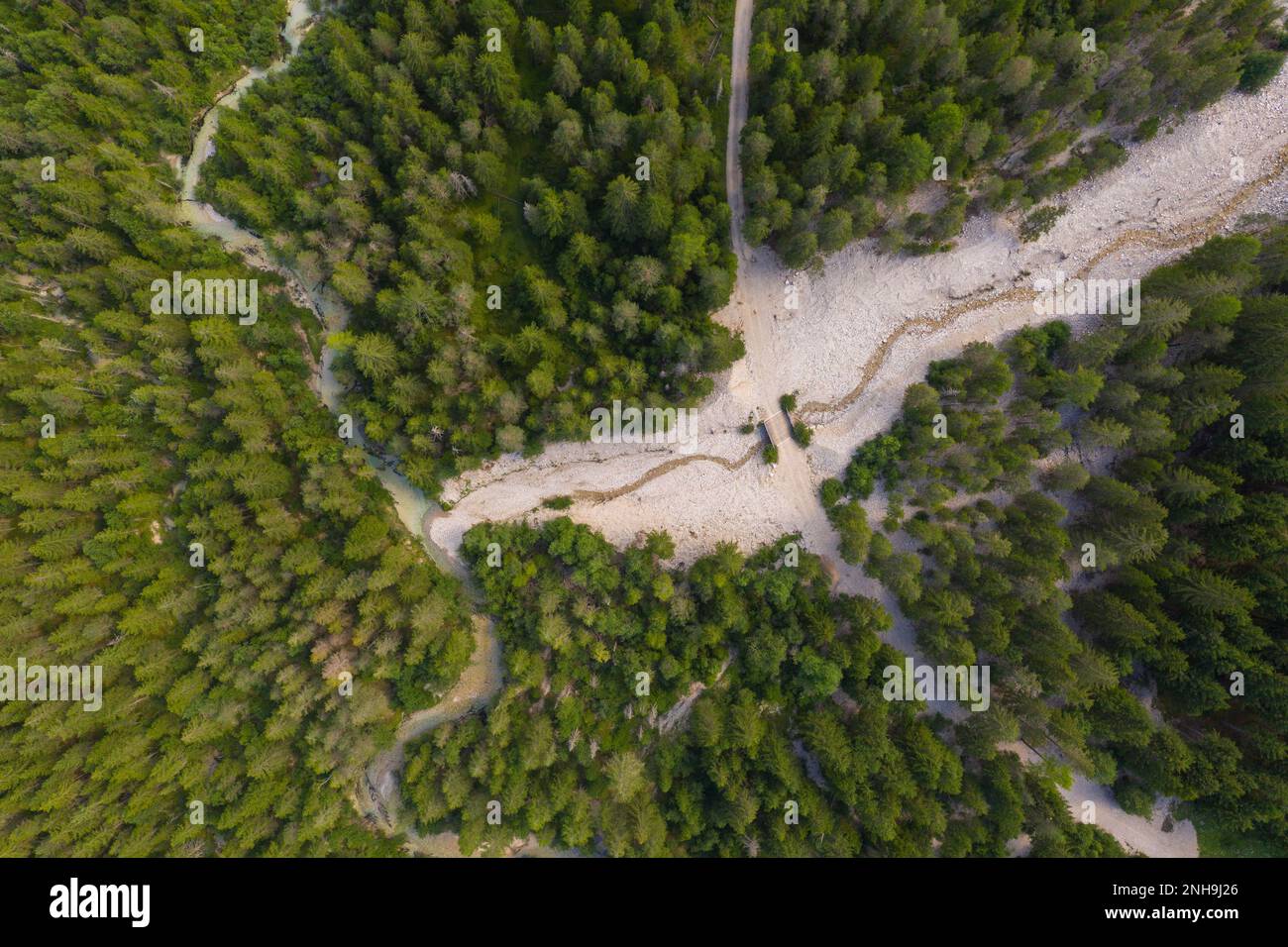 Drone photography of mountain river flowing through forest and hike ...