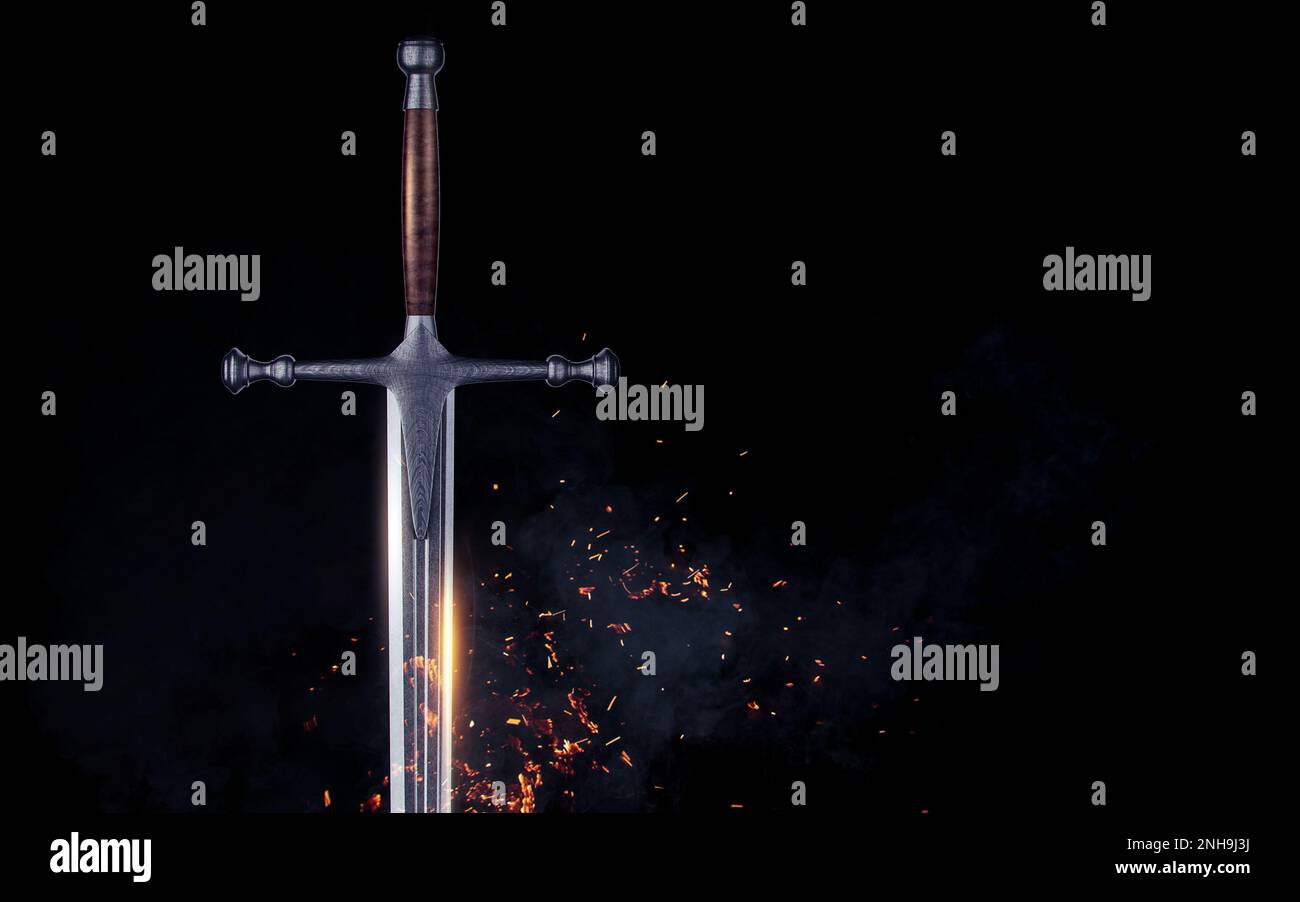 Metal sword on a dark background with clouds. 3d render Stock Photo - Alamy