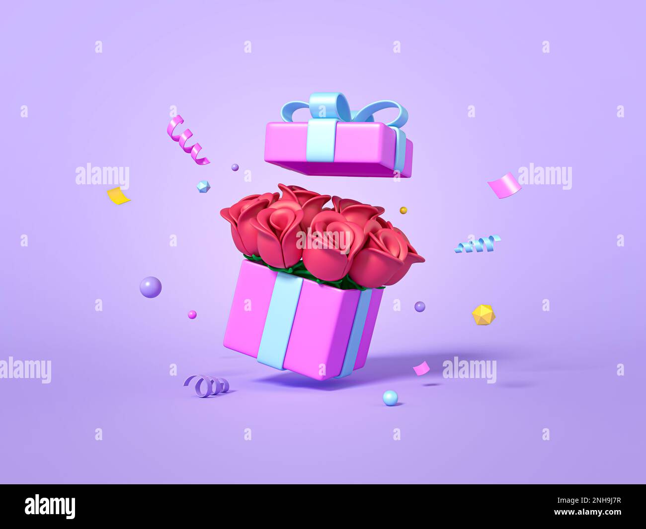 Open gift box with rose flowers, minimal surprise package on purple ...