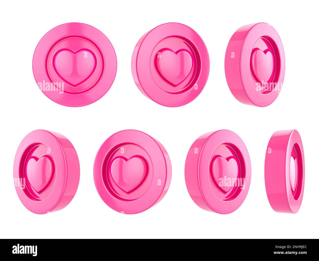 Set Cartoon pink coins with heart on a white isolated background 3D ...