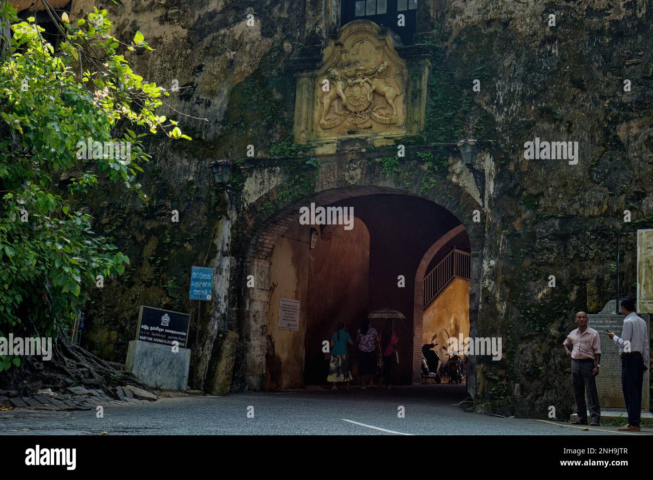 Dutch Galle fort back entrance gate close up with logo on Galle Sri ...