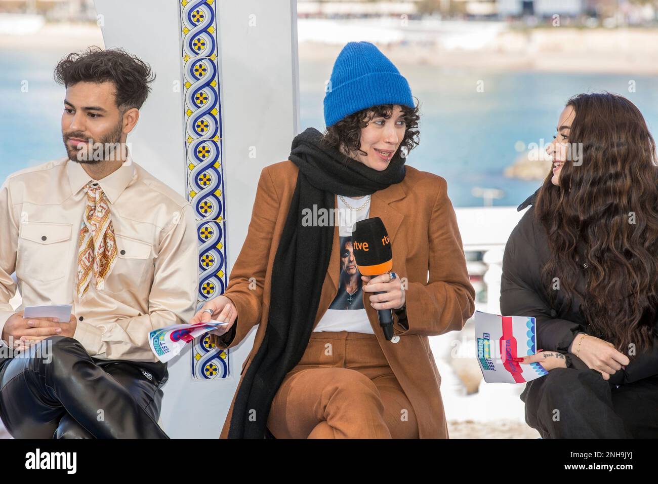 (L-R) Singers Agoney, Alice Wonder and Fusa Nocta during the draw in ...