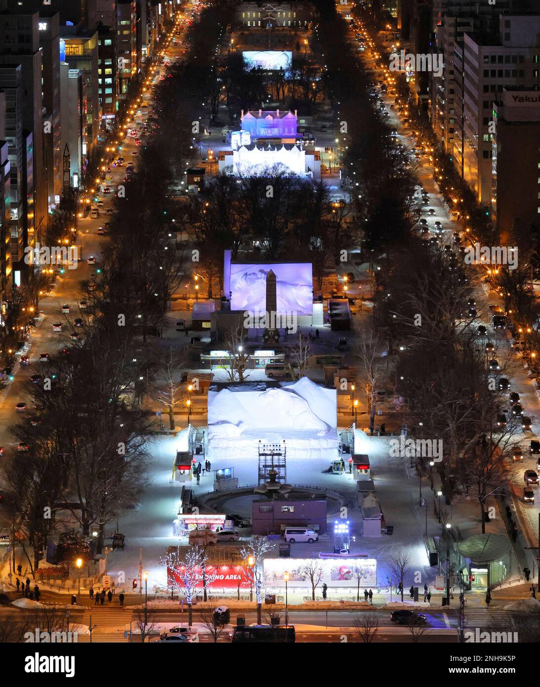 A photo shows snow states and ice sculptures at Odori Park and Susukino ...